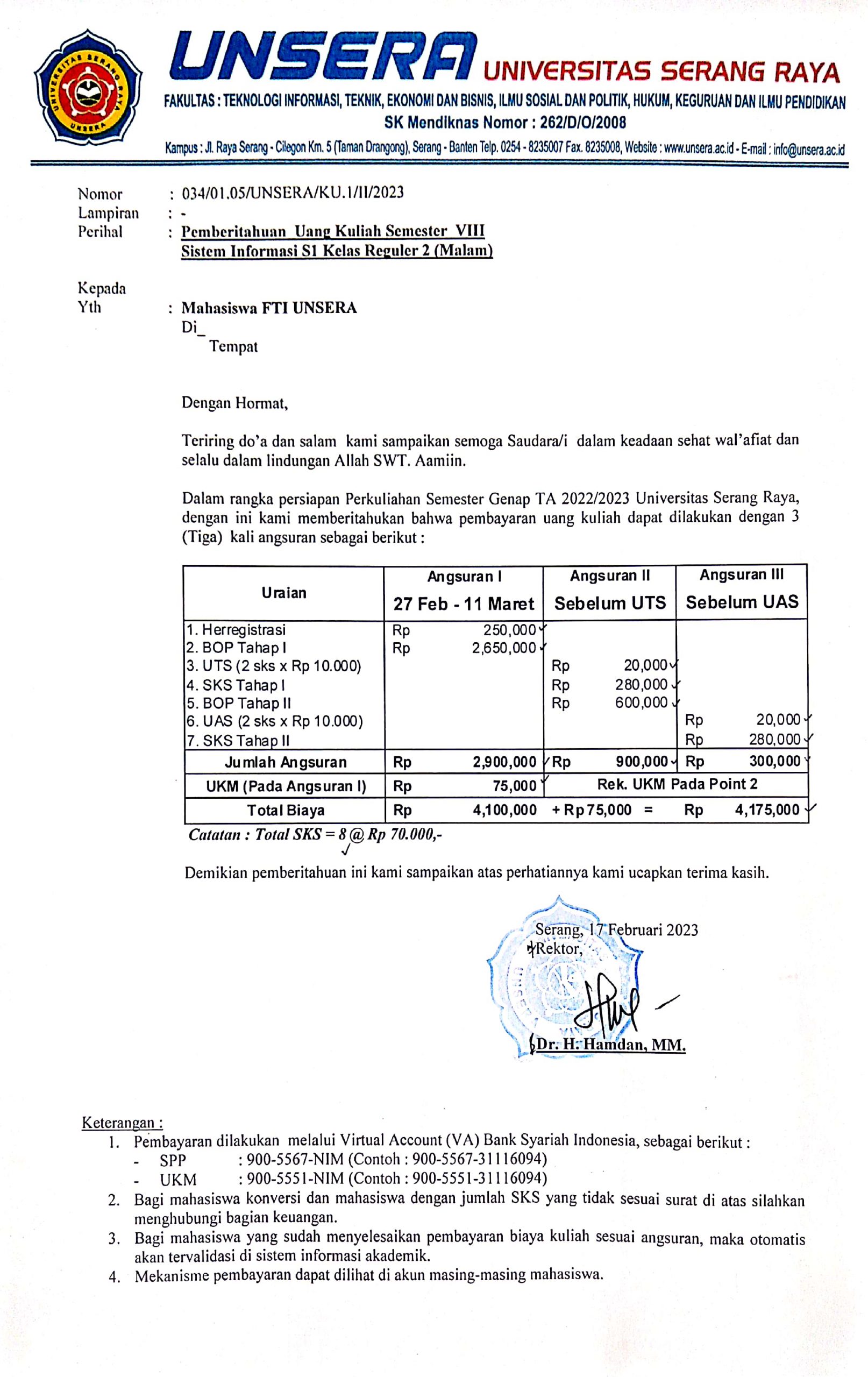 Biaya Perkuliahan Prodi Sistem Informasi Semester VIII – Universitas ...